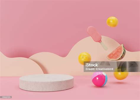 제품 화장품 프리젠 테이션을위한 연단 모형 여름 휴가 분위기 오렌지 수박 핑크 배경에 아이스크림 페데스탈 플랫폼 무대 복사