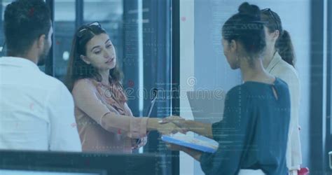 Image Of Data Processing And Shapes Over Diverse Colleagues Shaking