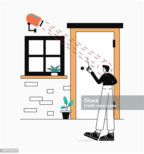 가면을 쓴 도둑이 집에 침입하려고 합니다 도둑 갱스터 플랫 벡터 그림 배너 웹 사이트 디자인 또는 랜딩 웹 페이지에 대한 범죄 또는 도난 개념입니다 보안 카메라의 중요성과