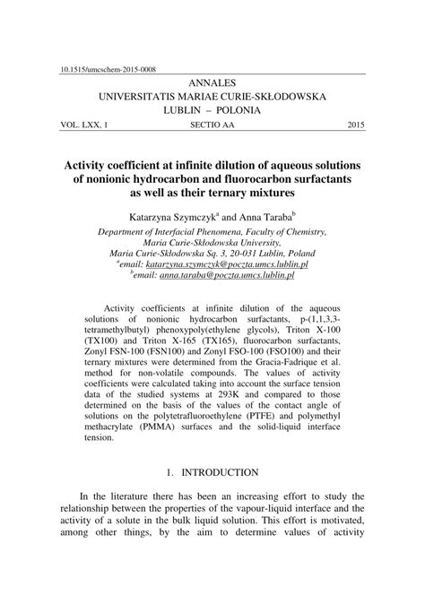 Pdf Activity Coefficient At Infinite Dilution Of Aqueous Solutions Of