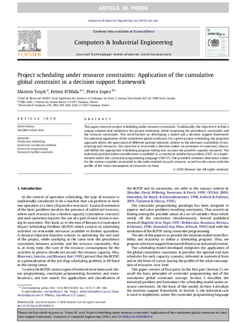 Pdf Project Scheduling Under Resource Constraints Application Of The Cumulative Global