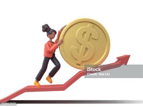 아프리카계 미국인 여성 코코가 언덕 위로 달러 동전을 굴리며 사업을 하는 3d 삽화 인도 루피 금융 및 투자가를 위한 플랫 디자인 일러스트레이션 흰색 배경에 3d