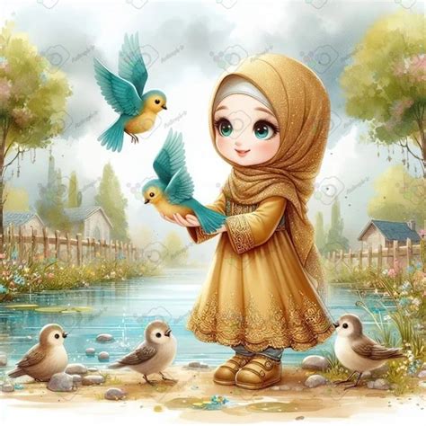 خرید و قیمت بک گراند کودکانه دختر ناز با حجاب و پرنده ها کنار دریاچه کد 41487 ویژه عکس گراف ترب