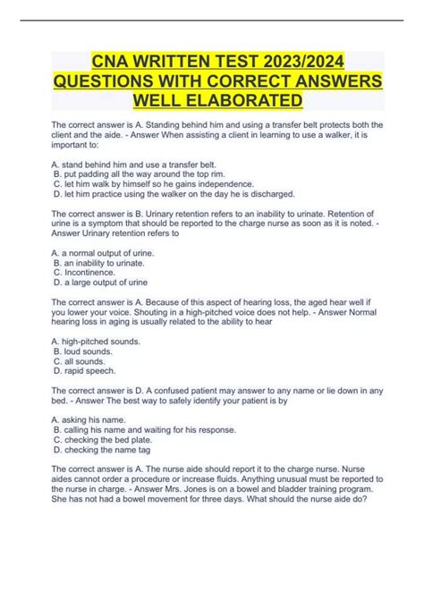 Cna Written Test 2023 2024 Questions With Correct Answers Well Elaborated Cna Certified