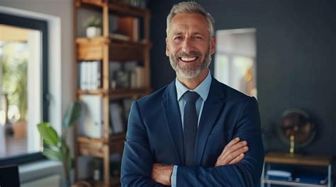 Confident Mid Aged Ceo In Blue Suit Arms Crossed Smiling In Modern