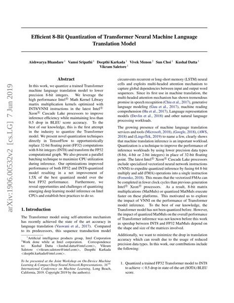 Pdf Efficient 8 Bit Quantization Of Transformer Neural Machine Comprehension Hu Et Al