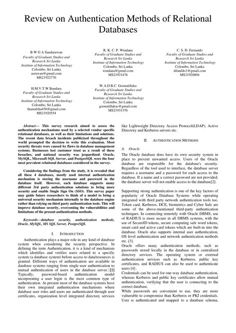 Pdf Review On Authentication Methods Of Relational Databases