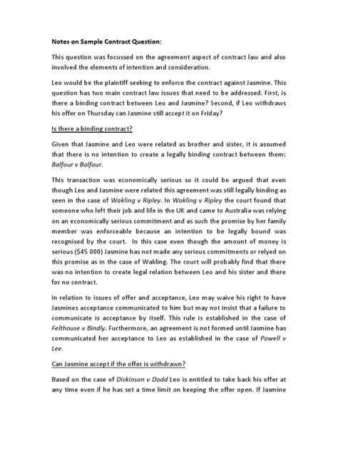 Contract Law Sample Answer Pdf Offer And Acceptance Business Law