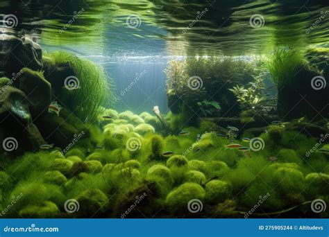Freshwater Ecosystem With Algae And Other Aquatic Plants Thriving In
