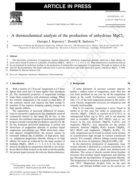 Pdf A Thermal Analysis Of The Production Of Anhydrous Mgcl