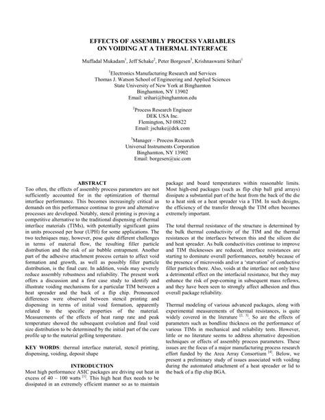 Pdf Effects Of Assembly Process Variables On Voiding At A Thermal Interface