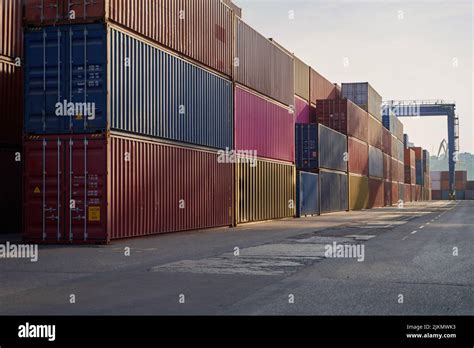 Industrial Port With Containers Container Stacks At Sea Port Container Terminal Stock Photo Alamy