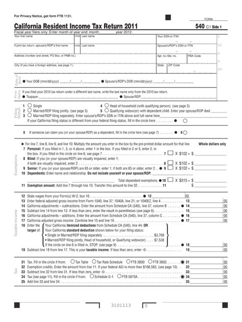 2011 Form Ca Ftb 540 Blank Fillable Template Fill Out Print