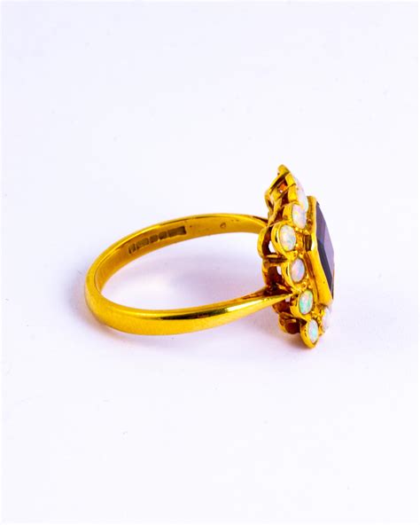Vintage Garnet And Opal 18 Carat Gold Cluster Panel Ring At 1stdibs