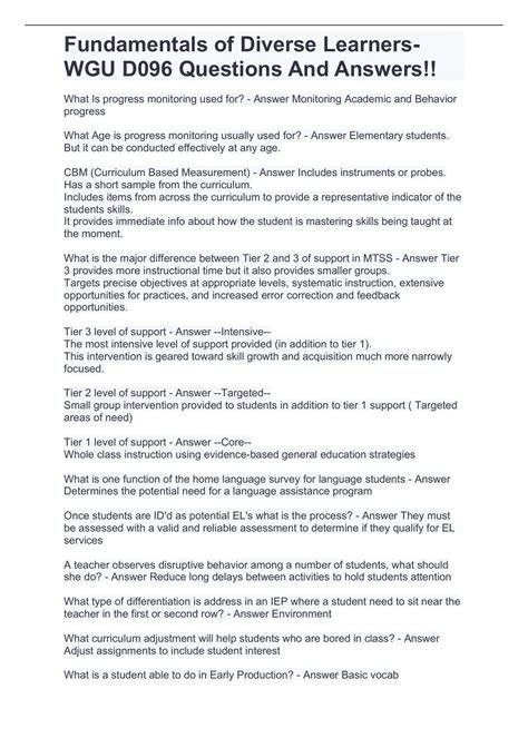 Fundamentals Of Diverse Learners Wgu D096 Questions And Answers Wgu