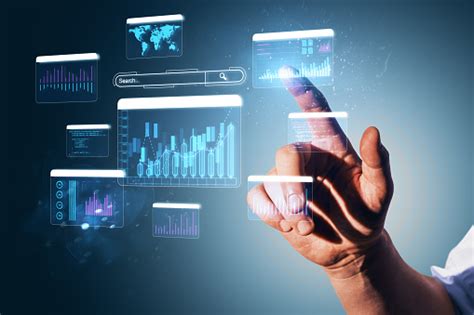 비즈니스 및 기술 개념의 미래형 터치 스크린 인터페이스에서 디지털 금융 차트 및 그래프와 손으로 상호 작용합니다 개념에 대한 스톡 사진 및 기타 이미지 Istock