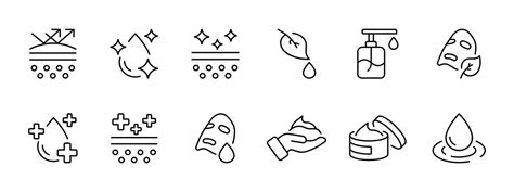 스킨케어 루틴 세트 아이콘 보호 Spf 자외선 차단 수분 물방울 치료 깨한 모공 영양 크림 보습 마스크 잎 거품 개인 관리 개념 터 라인 아이콘 프리미엄 벡터