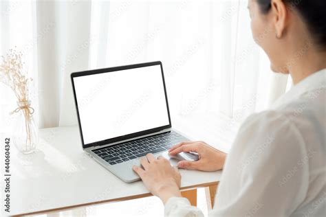 Computer Screen Blank Mockup Hand Woman Work Using Laptop With White Background For Advertising