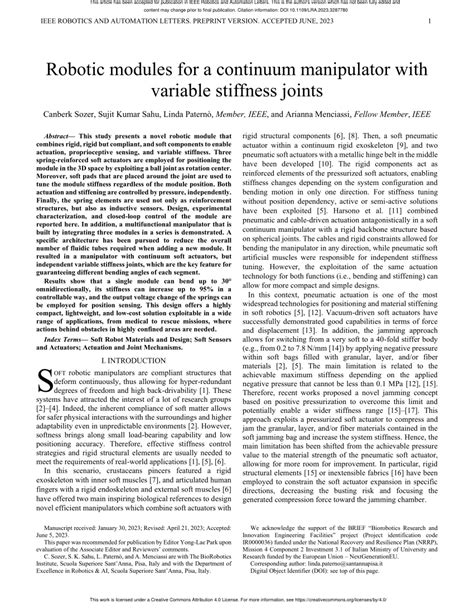 Pdf Robotic Modules For A Continuum Manipulator With Variable Stiffness Joints