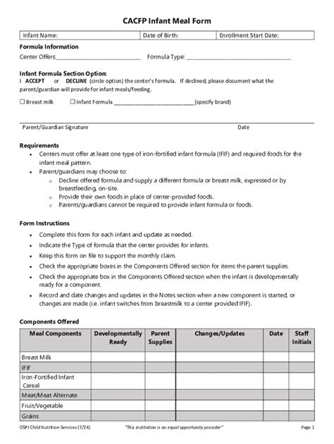 Fillable Online Cacfp Infant Meal Form Fax Email Print Pdffiller
