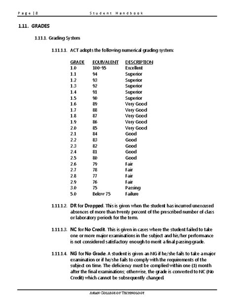 Grading System Act Nice P A G E 8 S T U D E N T H A N D B O O K 1 Grades 1 11 Grading