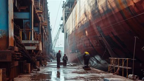 Worker Cleans The Hull Of An Old Ship From Rust Vessel Renovation Stock Image Image Of