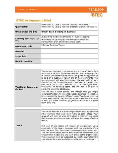 Unit 9 Team Building Btec Assignment Brief Qualification Pearson Btec