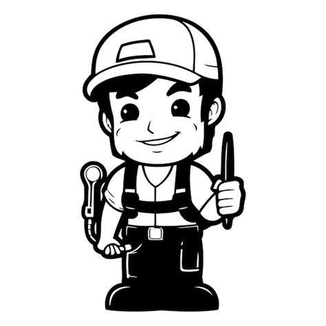Механик строитель Карикатурный талисман Персонаж Векторная иллюстрация Премиум векторы
