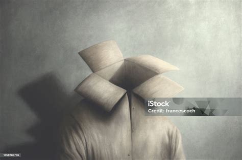 그의 머리 위에 열린 종이 상자를 가진 초현실적 인 남자의 그림 초현실적 인 개념 사색에 대한 스톡 벡터 아트 및 기타 이미지 사색 상자 착각 Istock