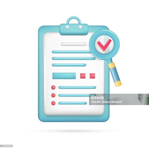 사실적인 3d 클립 보드 개인 문서 돋보기 데이터베이스 마케팅 분석 체크리스트 체크 표시 아이콘에서 파일을 검색하는 광택 있는 3d 흰색 배경에 분리된 벡터 그림 0명에