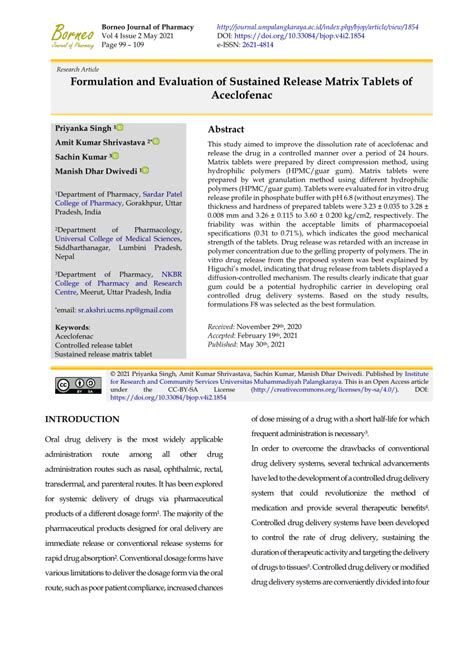Pdf Formulation And Evaluation Of Sustained Release Matrix Tablets Of Aceclofenac