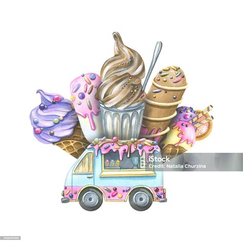 와플 콘 팝시클 및 트럭에 아이스크림 아이스크림의 큰 세트에서 수채화 그림 엽서 포스터 광고 기념품 인쇄물 포장의 디자인과 장식을 위해 광고에 대한 스톡 벡터 아트 및 기타