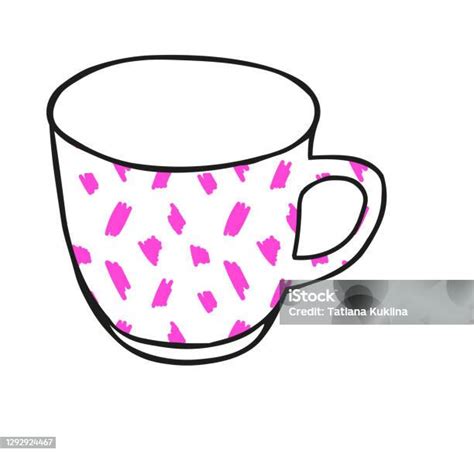 흰색 배경에 분리 된 분홍색 패턴으로 뜨거운 차용 컵의 검은 손 그리기 그림 귀여운에 대한 스톡 벡터 아트 및 기타 이미지