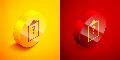 주황색과 빨간색 배경에 격리된 물음표 아이콘이 있는 아이소메트릭 클립보드입니다 설문 조사 퀴즈 조사 고객 지원 질문 개념 원