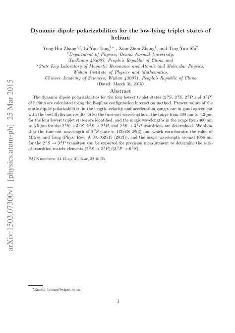Pdf Dynamic Dipole Polarizabilities For The Low Lying Triplet States Of Helium