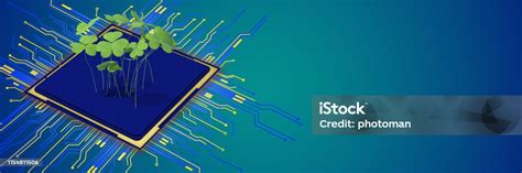 생태 환경 및 기술을 가진 녹색 개념 Cpu와 컴퓨터 회로 배경으로 3d 클로버 또는 샴 록 이미지 클로버 온대 식물에 대한 스톡 사진 및 기타 이미지 Istock
