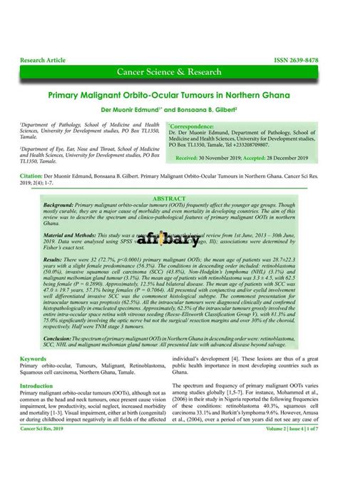 Primary Malignant Orbito Ocular Tumours In Northern Ghana Afribary