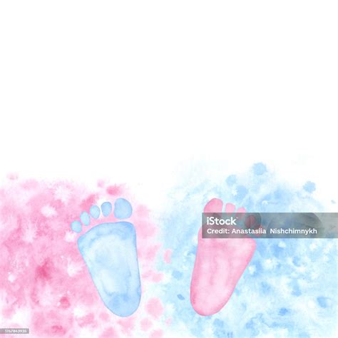 엽서 작은 파란색 분홍색 발자국 페인트 반점 베이비 샤워 성별 공개 파티 디자인 초대장 소년 또는 소녀 손으로 그린 수채화 그림