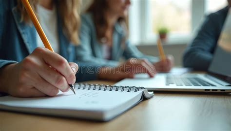 Student Writes Notes From Online Class In Notebook Laptop Studying E