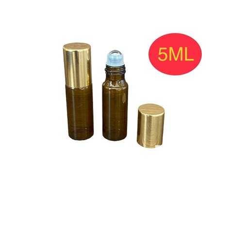5 Frascos Vidro Âmbar Rollon 5ml Tampa Dourada Aromapack Embalagens