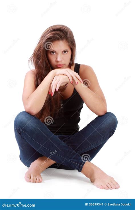 Young Brunette Woman Sits On Floor With Bended Knees Stock Image Image Of Health Hair 30699341