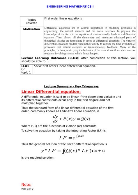 First Order Linear Equations Engineering Mathematics I Topics Covered First Order Linear