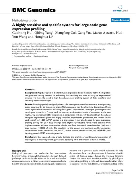 Pdf A Highly Sensitive And Specific System For Large Scale Gene Expression Profiling 0 Gang