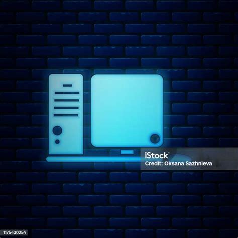 벽돌 벽 배경에 격리 키보드와 마우스 아이콘 빛나는 네온 컴퓨터 모니터 Pc 구성 요소 기호입니다 벡터 일러스트레이션 0명에 대한 스톡 벡터 아트 및 기타 이미지 Istock