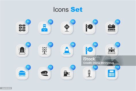 기차 신호등 철도 건널목 지휘자 석탄 기차 마차 역 보드 철도 깨진 금이 간 철도 및 교통 원뿔 아이콘을 설정합니다 벡터 경계