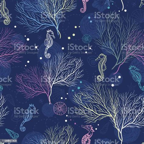 귀여운 손으로 그린 화려한 바다 말 원활한 패턴 수중 테마 배경 직물 배너 배경 화면 포장에 좋은 벡터 디자인 귀여운에 대한 스톡 벡터 아트 및 기타 이미지 Istock