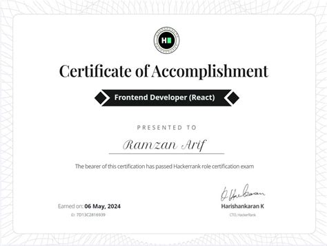 Ramzan Arif Sheikh On Linkedin Hackerrank Frontenddeveloper React Certification
