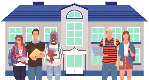 다양한 대학 대학을 배경으로 서 있는 학생들 젊은이들 다문화 남성과 여성의 그룹입니다 교육 기관 근처의 다국적 학교 학생들 책이 있는 대학 벡터 Unsplash