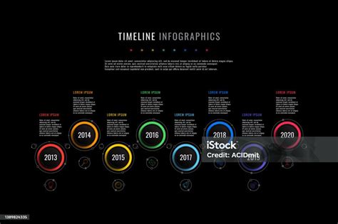 둥근 요소 연도 표시 및 검은 배경에 텍스트 상자가있는 수평 타임라인 인포그래픽 사실적인 3d 용지 컷 디자인 최신 벡터 회사 프리젠 테이션 슬라이드 템플릿 Eps 10 0