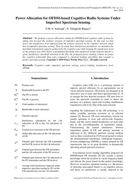 Pdf Power Allocation For Ofdm Based Cognitive Radio Systems Under Imperfect Spectrum Sensing